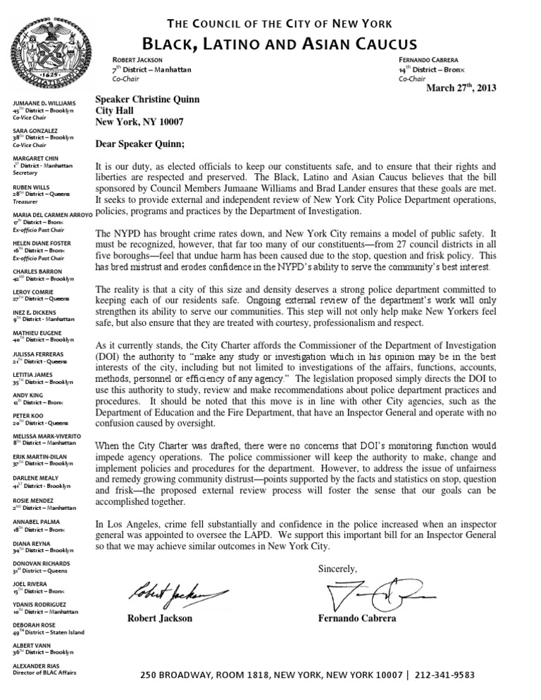 BLAC Letter - Support For IG Bill | PDF | New York City | Police