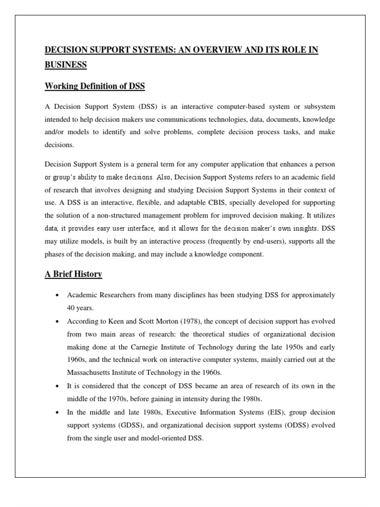 Decision Support Systems: An Overview and Its Role in Business Working Definition of DSS | PDF ...
