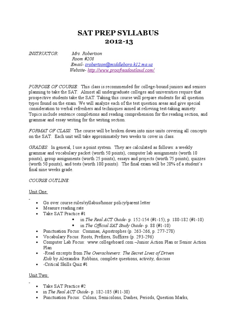 Sat Prep Syllabus | PDF | Sat | Homework