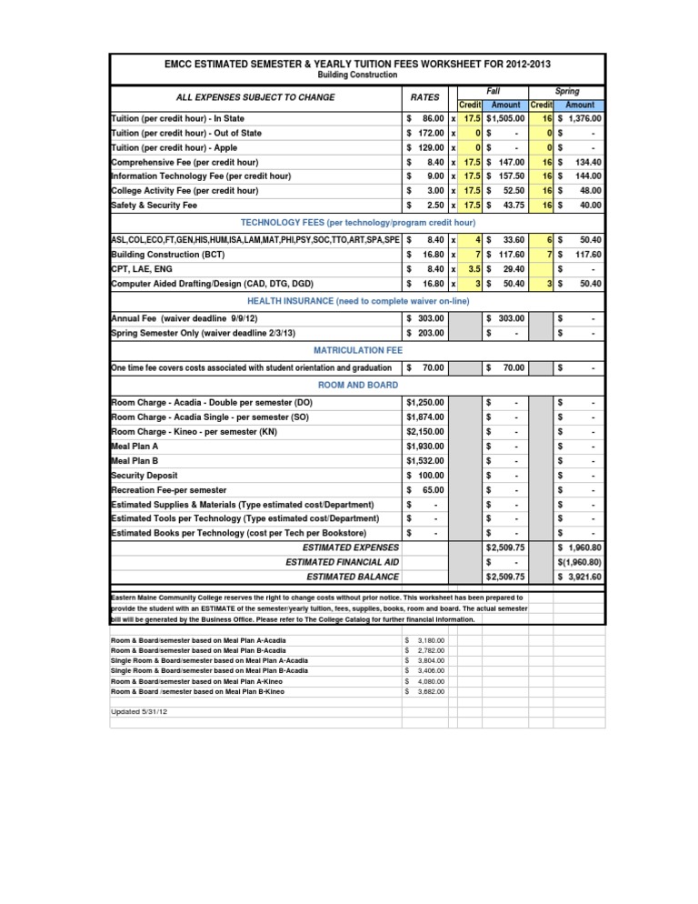 Emcc Estimated Semester & Yearly Tuition Fees Worksheet For 2012-2013 ...