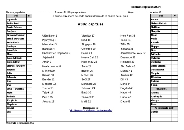 Capitales de Asia (Examen) | PDF