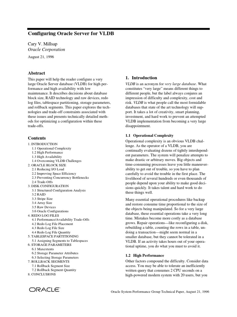 Configuring Oracle Server For VLDB: Cary V. Millsap | PDF | Oracle Database | Database Index