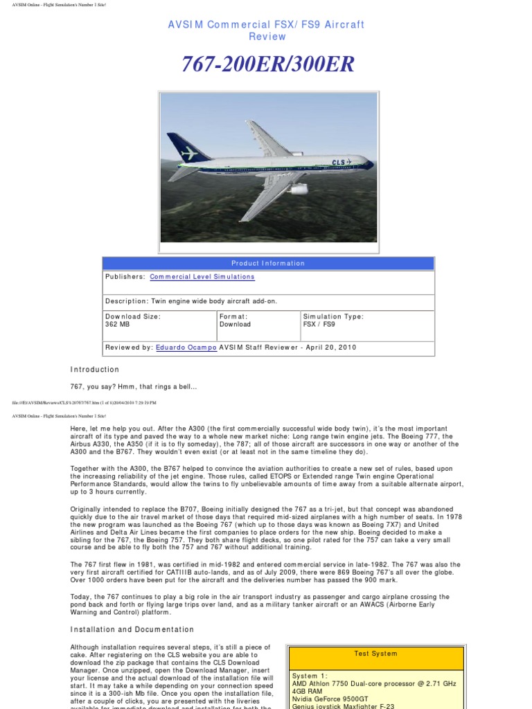 767-200ER/300ER: AVSIM Commercial FSX/FS9 Aircraft Review | PDF ...