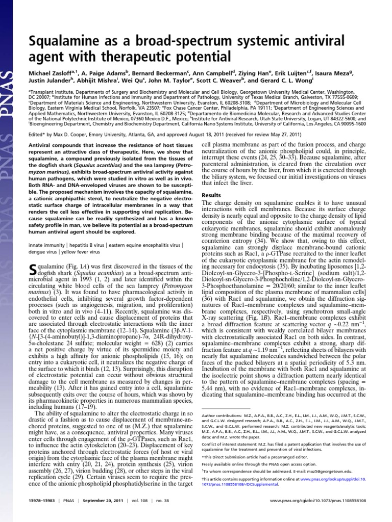 Squalamine, Zasloff Antibio&Antiviral | PDF | Cell Membrane | Virus