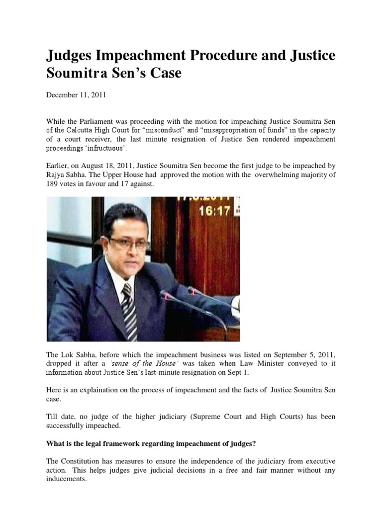 Judges Impeachment Procedure and Justice Soumitra Sen's Case | PDF ...