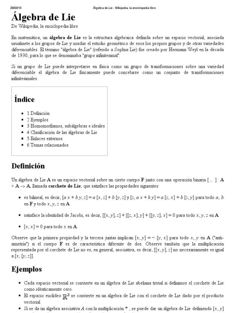 Álgebra de Lie - Wikipedia, La Enciclopedia Libre | PDF | Algebra de ...