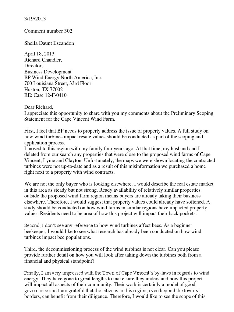 Public Comments To The PSC RE BP PIP For Their Cape Vincent Wind Farm ...