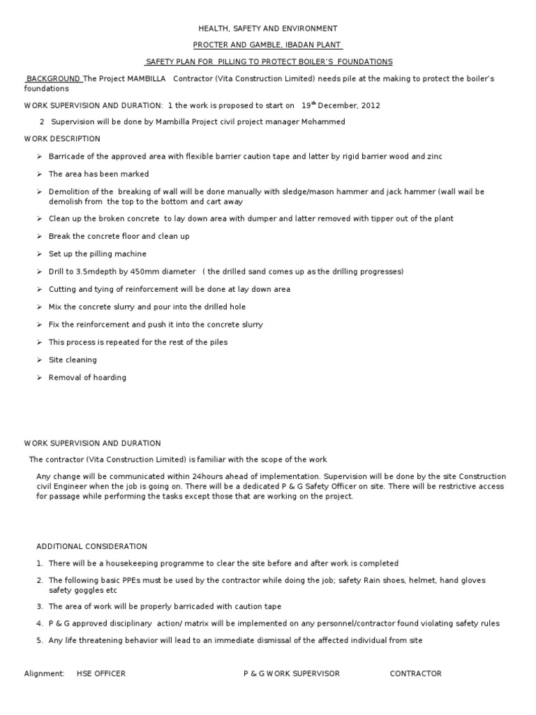 SAFETY PLAN For Pilling Work at Making Area | Download Free PDF ...