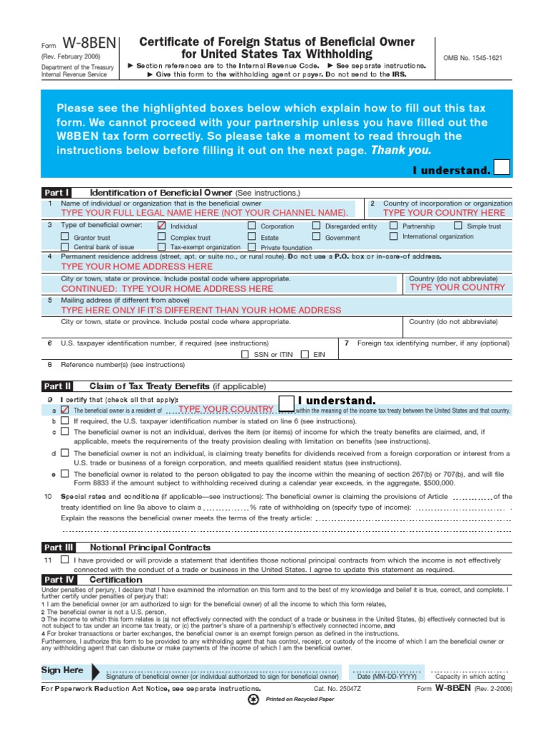 W8-BEN Paypal | PDF | Withholding Tax | Irs Tax Forms