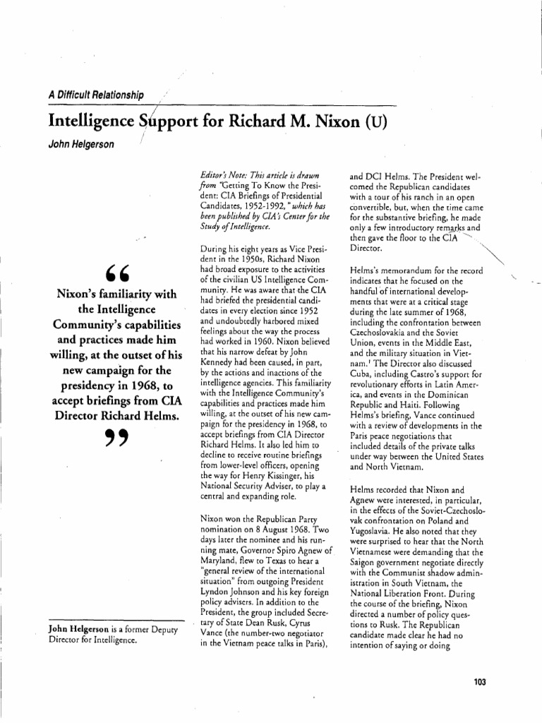 Nixon's Intelligence Briefings in 1968 | PDF | Central Intelligence ...