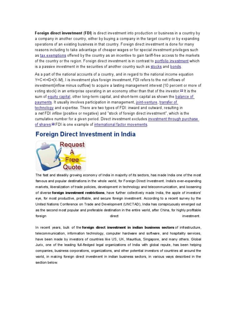 Foreign Direct Investment in India Explained | PDF | Foreign Direct ...