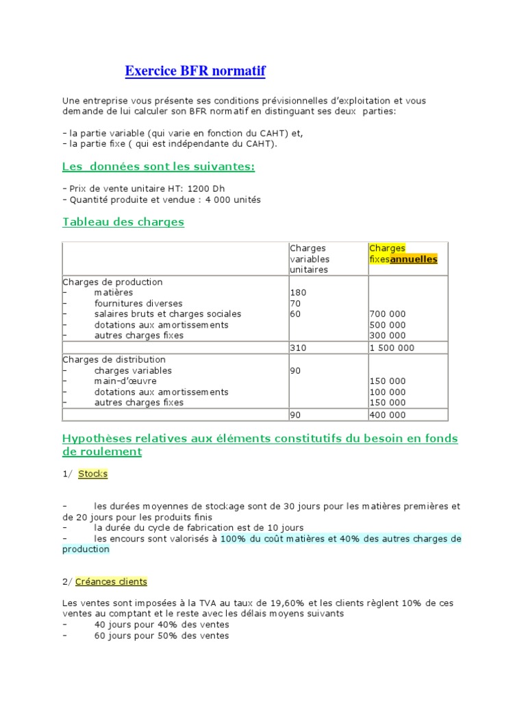 Exercice BFR Normatif | PDF | Taxe sur la valeur ajoutée | Fonds de ...