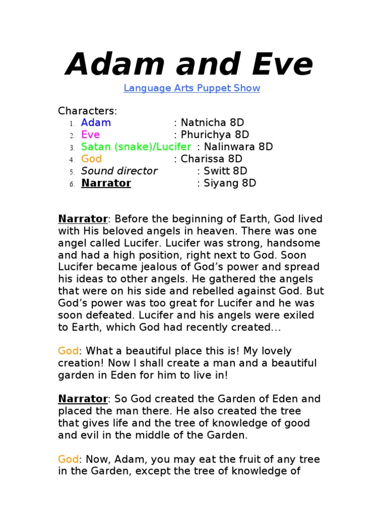 Adam and Eve Puppet Show Script | PDF | Adam And Eve | Eve