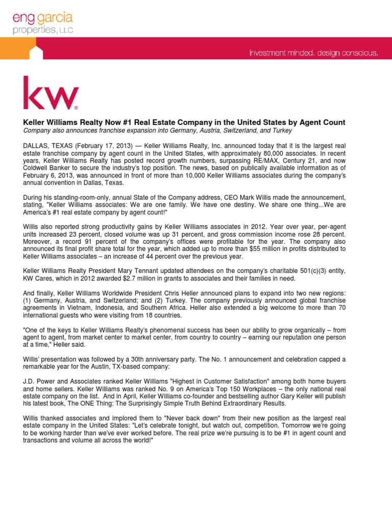Keller Williams Becomes #1 US Realty Firm | PDF | Real Estate Law ...