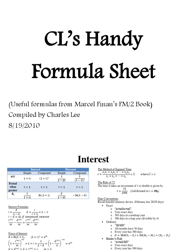 Formulas for SOA/CAS Exam FM/2 | Bonds (Finance) | Yield (Finance)