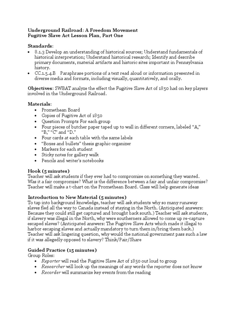 Lesson Plan: Fugitive Slave Act of 1850 | PDF | Fugitive Slaves In The ...