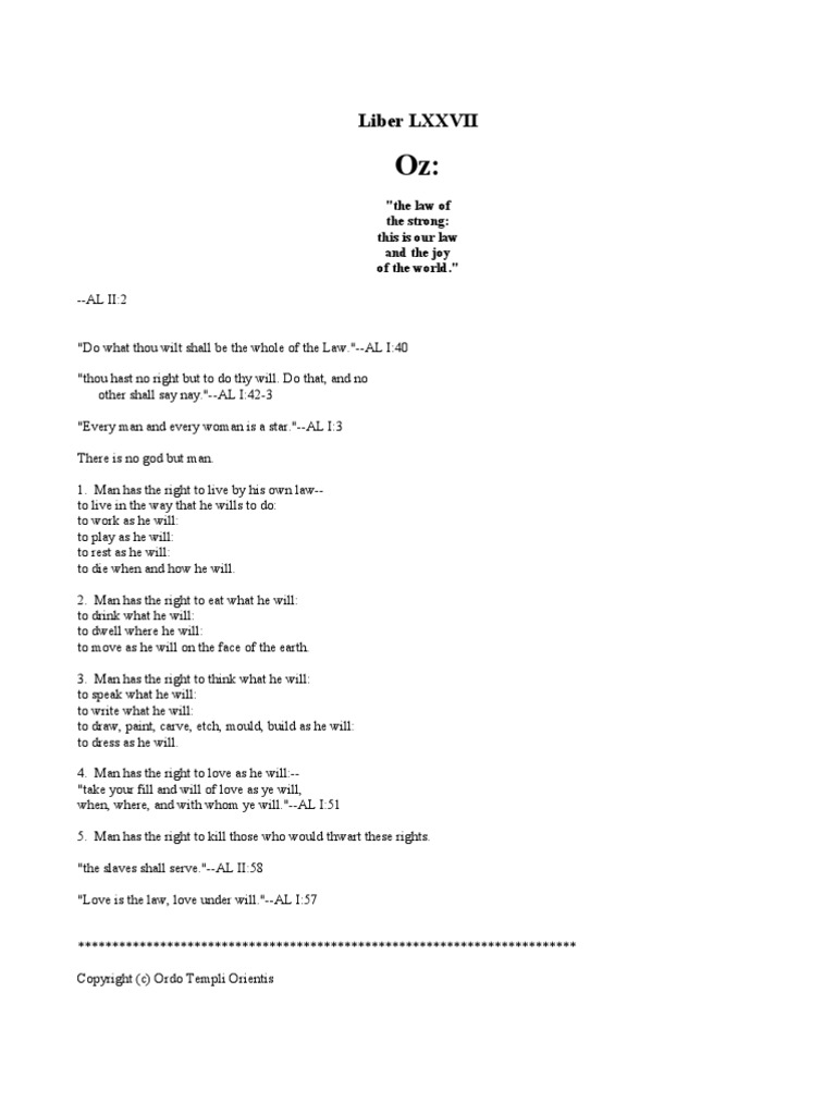 Liber 77 - Oz | PDF | Aleister Crowley | Ceremonial Magic