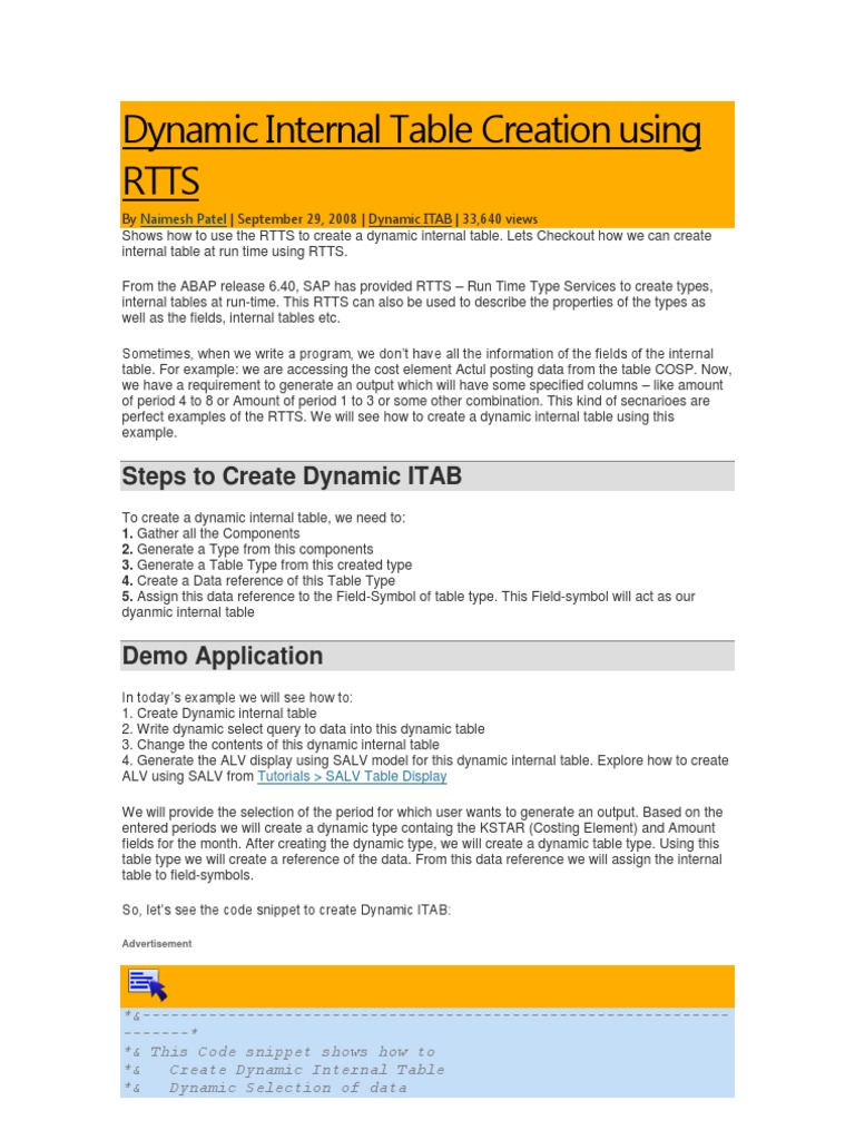 Dynamic Internal Table Creation Using Rtts Pdf Software Development 