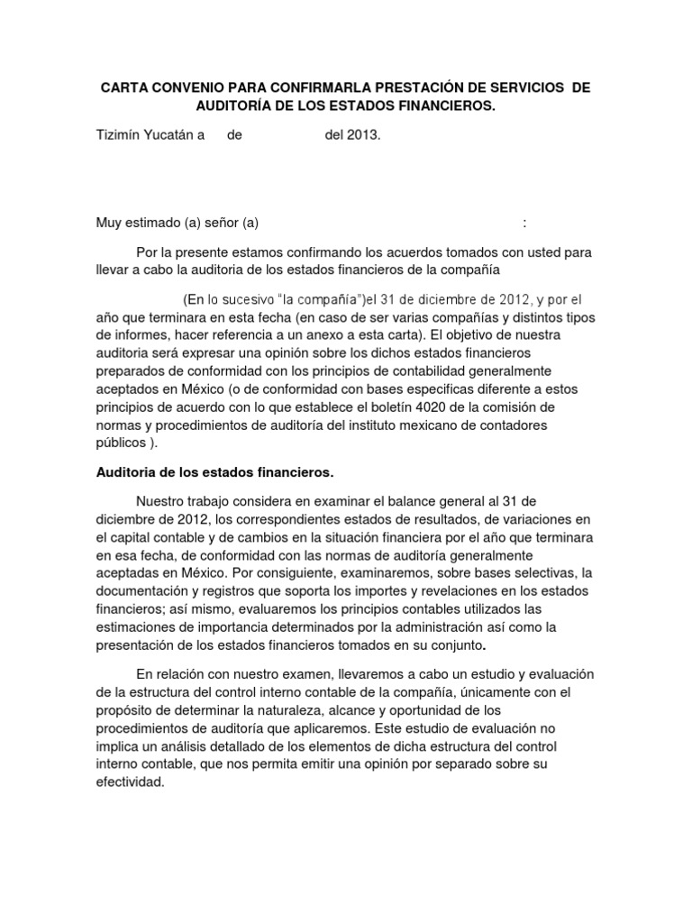 CARTA CONVENIO PARA CONFIRMARLA PRESTACIÓN DE SERVICIOS DE AUDITORÍA DE LOS ESTADOS FINANCIEROS ...