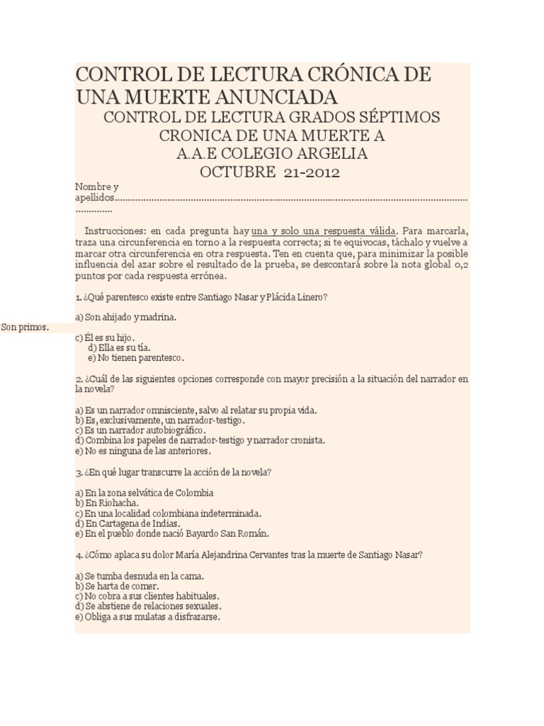 Control de Lectura: Crónica de una Muerte Anunciada | PDF | Novelas ...