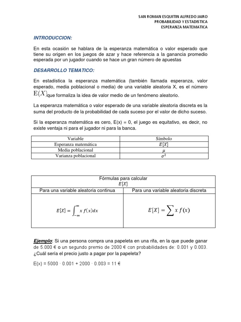 Esperanza Matemática en Estadística | PDF | Métodos y materiales de ...