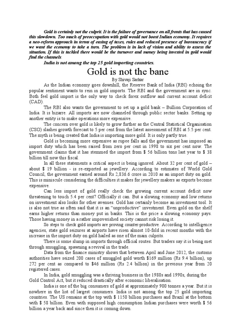 Gold Is Not The Bane | PDF | Economy Of India | Inflation