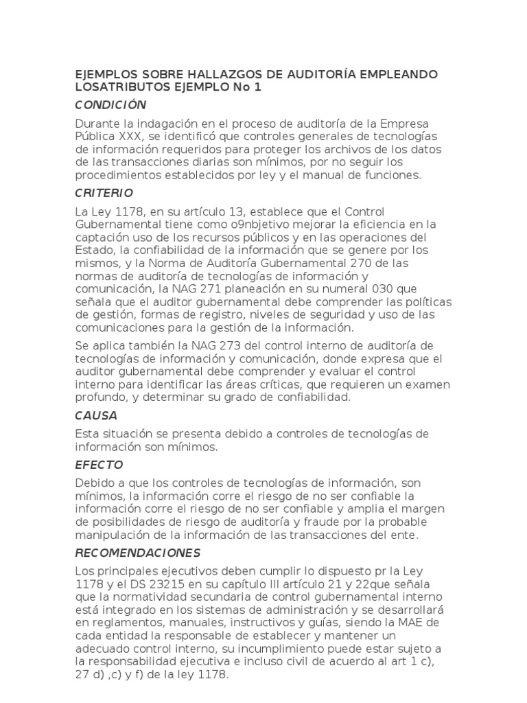 EJEMPLOS SOBRE HALLAZGOS DE AUDITORÍA EMPLEANDO LOSATRIBUTOS | Auditoría financiera | Contabilidad