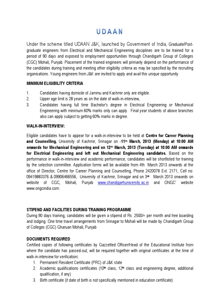 Under The Scheme Titled UDAAN J&K, Launched by Government of India ...