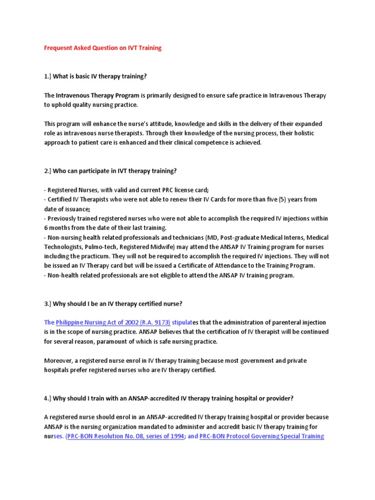 Frequesnt Asked Question On IVT Training | PDF | Intravenous Therapy ...