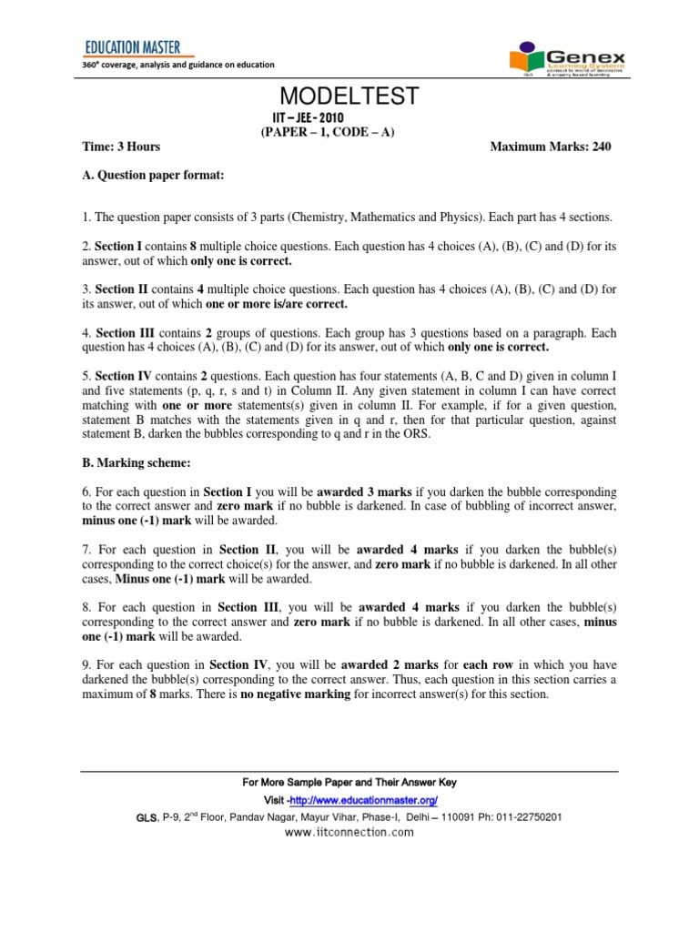 IIT JEE 2010 Model Test Sample Question Paper | PDF | Chemistry ...