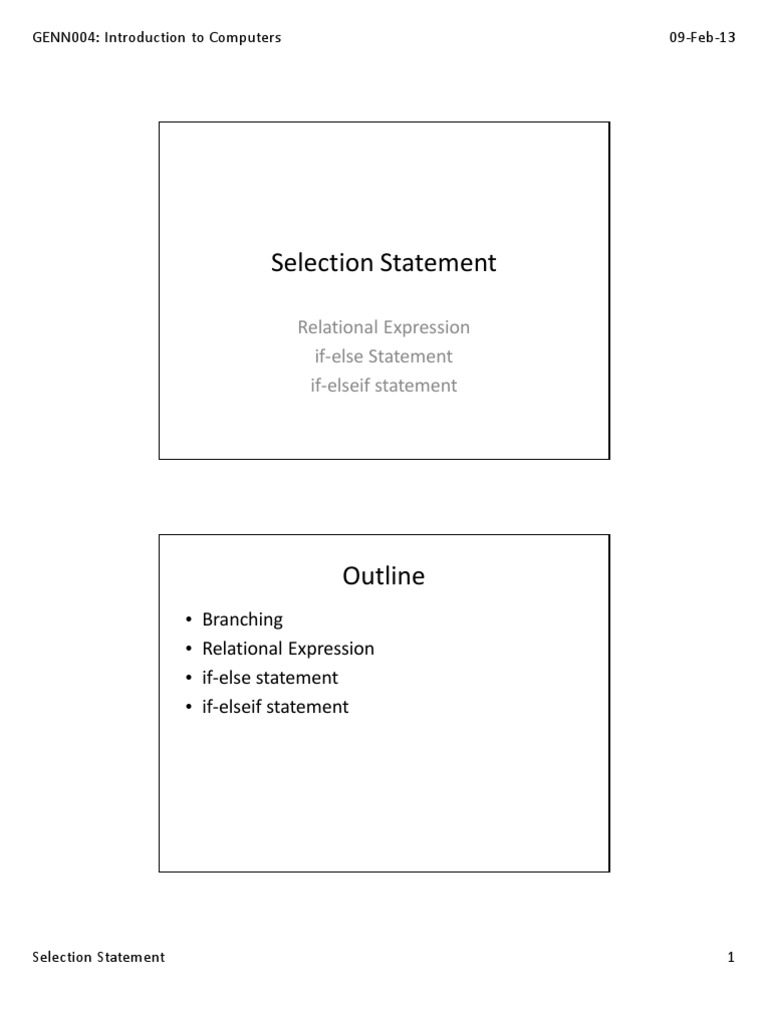 Selection Statement: Relational Expression If-Else Statement If-Elseif Statement | PDF ...