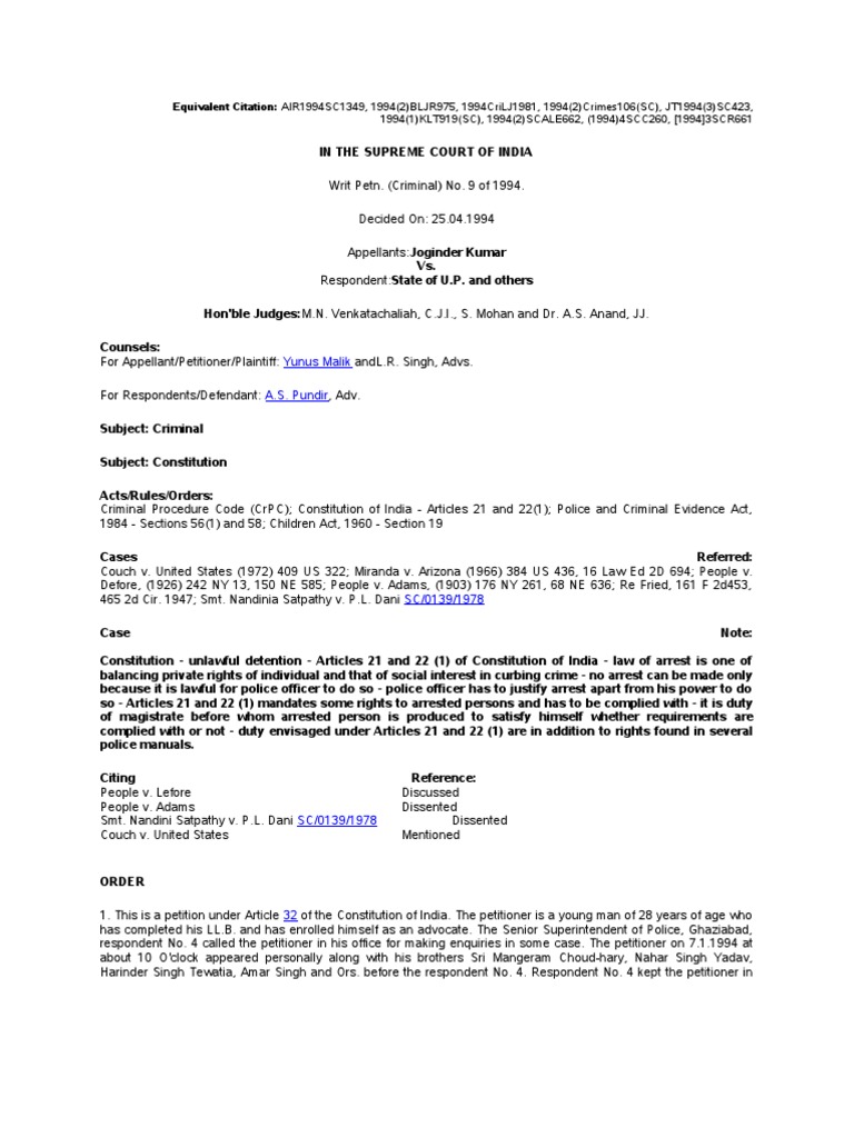 Joginder Kumar v. State of U.P. Case Summary | PDF | Arrest | Police