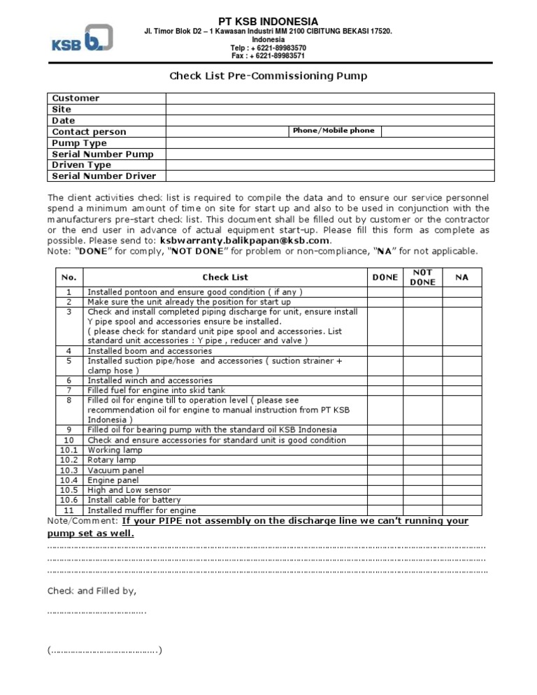 Check List Pre-Commissioning | PDF | Pump | Pipe (Fluid Conveyance)