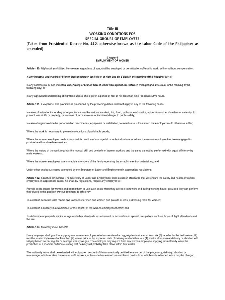 Working Conditions For Special Groups of Employees | PDF | Parental ...