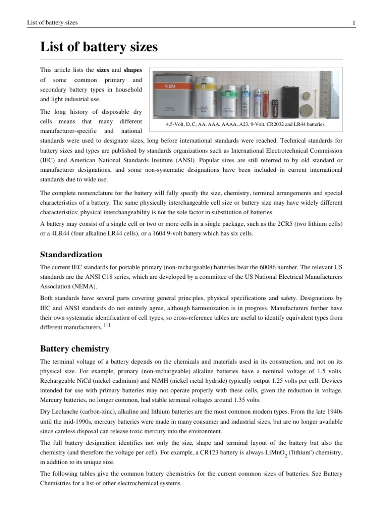 List of Battery Sizes | PDF | Battery (Electricity) | Lithium Ion Battery