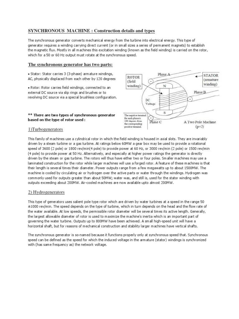 SYNCHRONOUS MACHINE: Construction Details and Types: 1) Turbogenerators ...