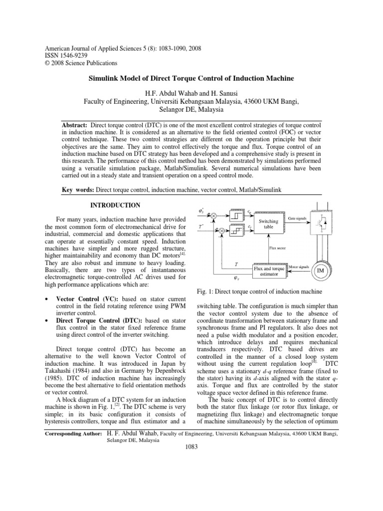 Simulink Model of Direct Torque Control of Induction Machine | PDF ...
