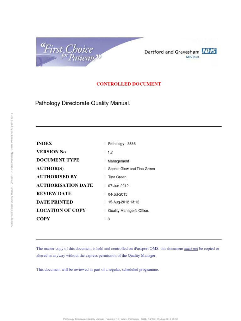 Pathology Quality Manual | PDF | Cytopathology | Pathology