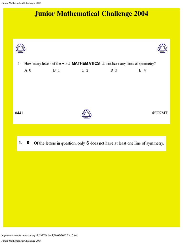 Junior Mathematical Challenge 2004 | PDF | Science & Mathematics ...