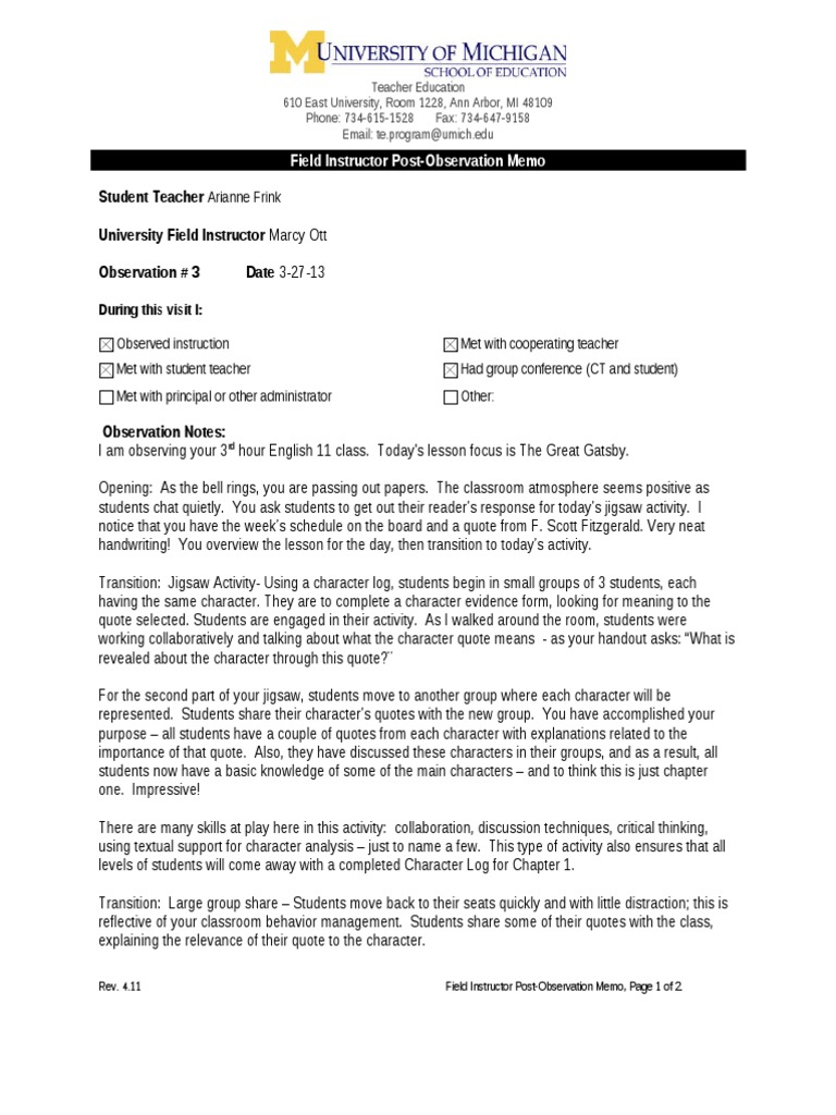 3 Post Observation Memo | PDF | Metacognition | Reading (Process)