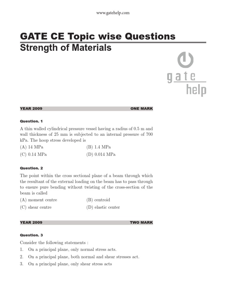 GATE CE Strength of Materials Questions | PDF | Bending | Stress ...