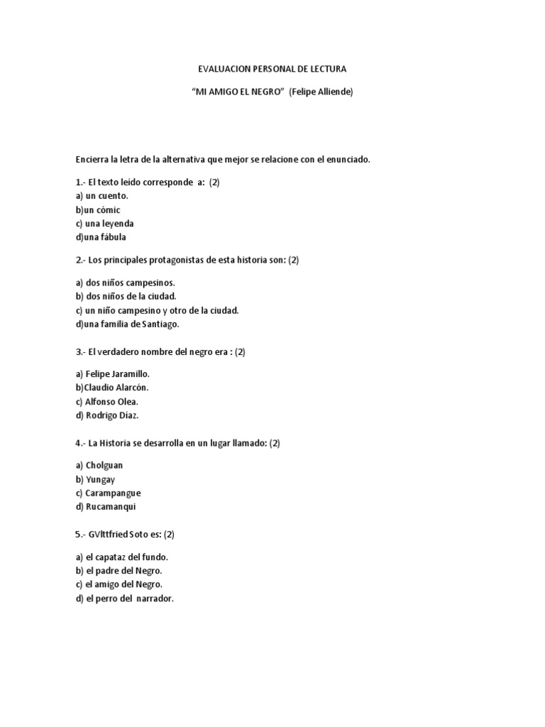 Evaluación de "Mi amigo el negro" | PDF