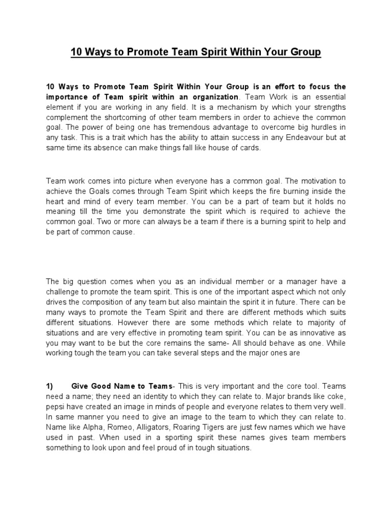 10 Ways To Promote Team Spirit Within Your Group | PDF | Team Building ...