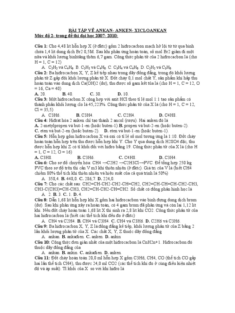 BÀI TẬP VỀ ANKAN anken de thi dh | PDF