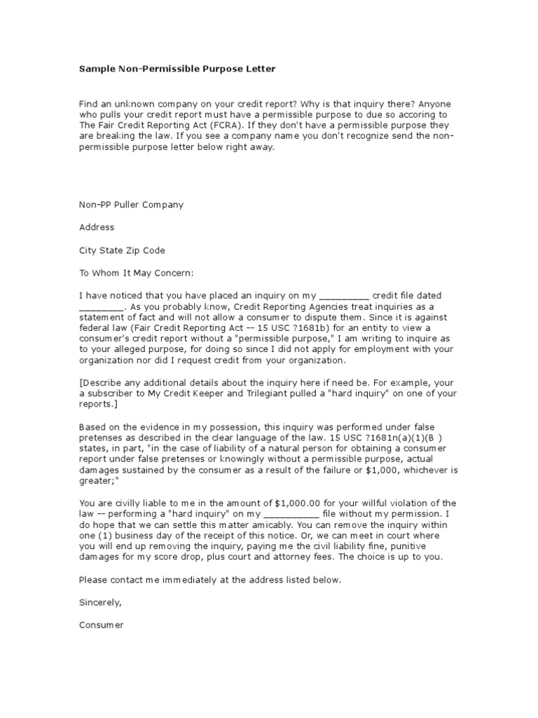 Non-Permissible Purpose Inquiry Letter | PDF | Finance & Money ...