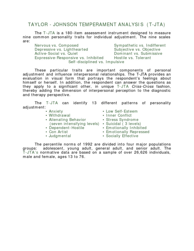 Taylor-Johnson Temperament Analysis Guide | PDF | Career & Growth ...