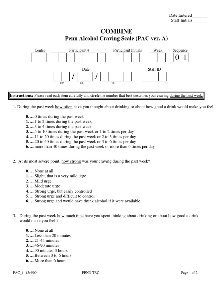 Penn Alcohol Craving Scale Pac 112001 | PDF