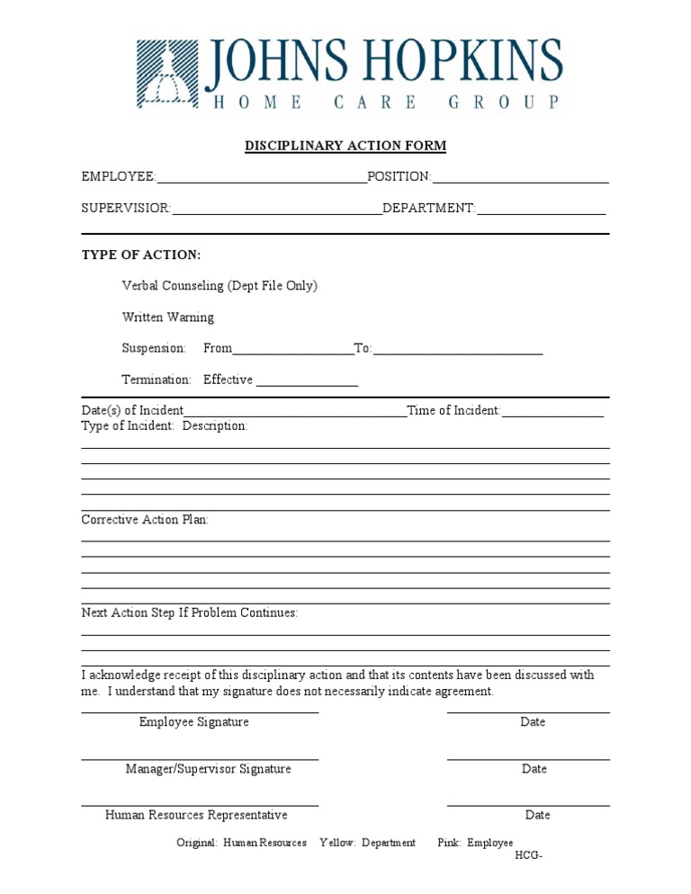 Disciplinary Action Form: Original: Human Resources Yellow: Department ...