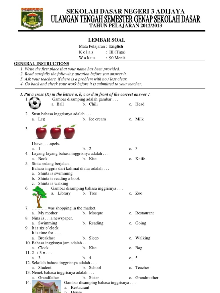 Soal Bahasa Inggris Kelas 3 Mid Semester Genap Tahun Pelajaran 2012/2013 | PDF | Home & Garden