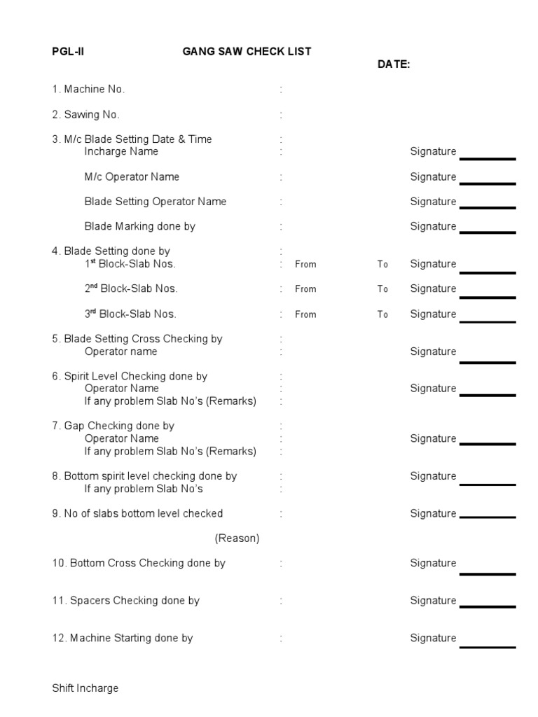 Gang Saw Check List Template | PDF | History